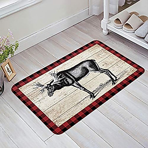 Christmas Bath Rugs Winter Christmas Reindeer Sponge Doormat Absorbent Non Slip Durable Flannel Mat Red Buffalo Plaid Retro Wood Grain Christmas Memory Foam Mats for Bathroom Kitchen 18 x 30 inches