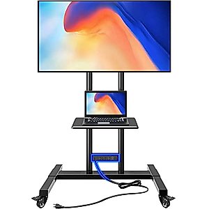 Greenstell TV Stand with Power Outlet, Mobile TV Cart on Wheels for 32-85 inch LED LCD Flat Curved Panel Screens TVs up to 132lbs, Height Adjustable Rolling TV Stand with AV Shelf, Max VESA 600x400mm