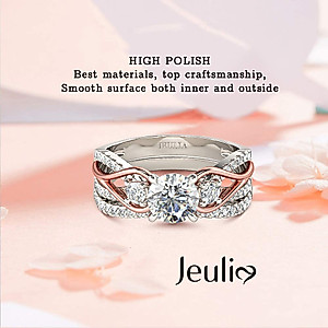 Jeulia Two Tone Rings for Women Rose Gold Three Stone Round Cut Engagement Rings Sterling Silver Halo Bridal Ring Set Anniversary Promise Wedding Ring with Jewelry Gift Box (7)
