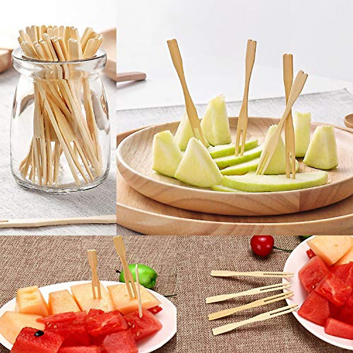 Bamboo Forks 3.5 Inches Disposable Mini Food Picks Double Prong Fruit Cocktail Forks Blunt-end Forks for Appetizer, Cocktail, Fruit, Pastry, Dessert (110 Pcs)