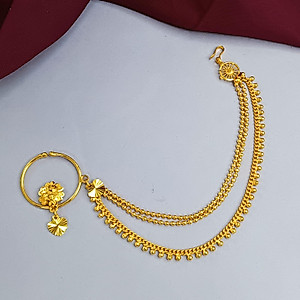 Efulgenz Indian Jewelry Faux Pearl Nose Ring Hoop Pin Stud Fake Septum Ring with Chain Nose to Ear Chain Non Piercing Body Jewelry, Metal, not known