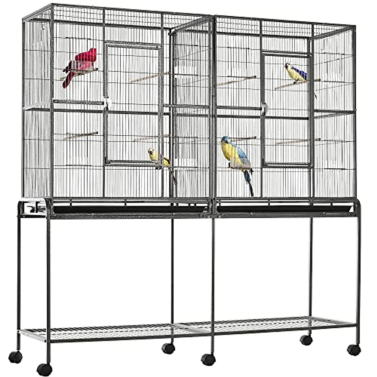 PawHut 65" Double Rolling Metal Bird Cage Feeder with Detachable Rolling Stand, Storage Shelf, Wood Perch & Food Container