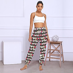Fustylead Alice Chess Board Women's Smocked Waist Yoga Boho Harem Pants Joggers Athletic Pants