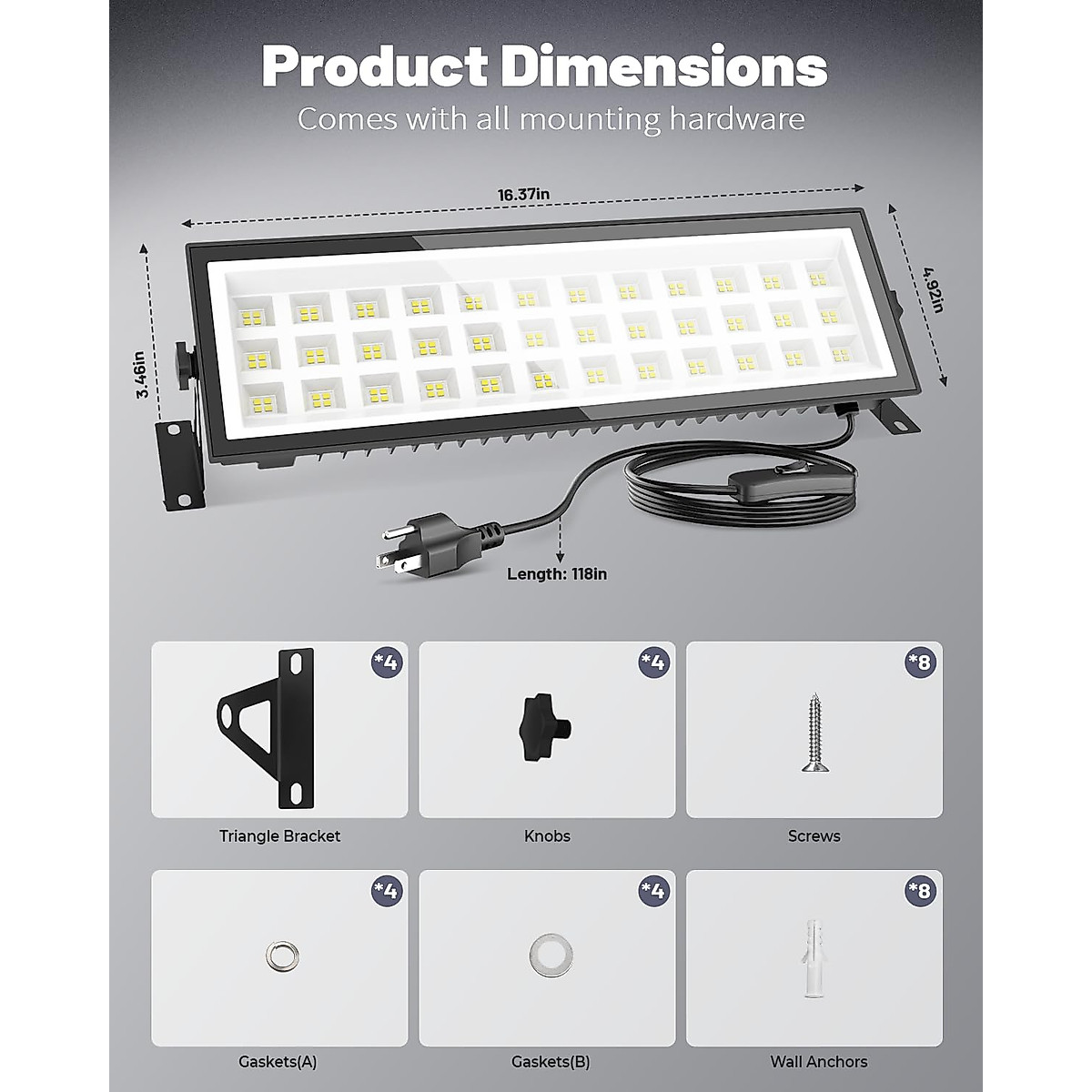AGranTOP 2 Pack Plug in LED Shop Lights - 100W 15000LM Aluminum Garage Light w/ 9.84ft Power Cord, IP66 Waterproof Shop Lights for Garage, Workshop, Warehouse (Built-in ON/Off Switch)