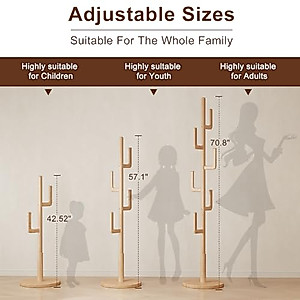 KungFuWood Coat Rack, Solid Wood Cactus Coat Rack Stand, Freestanding Coat Rack with 6 L-shaped Hooks and 3 Adjustable Sizes, Sturdy and Easy to Assemble Coat Tree for Entryway, Bedroom (Natural)