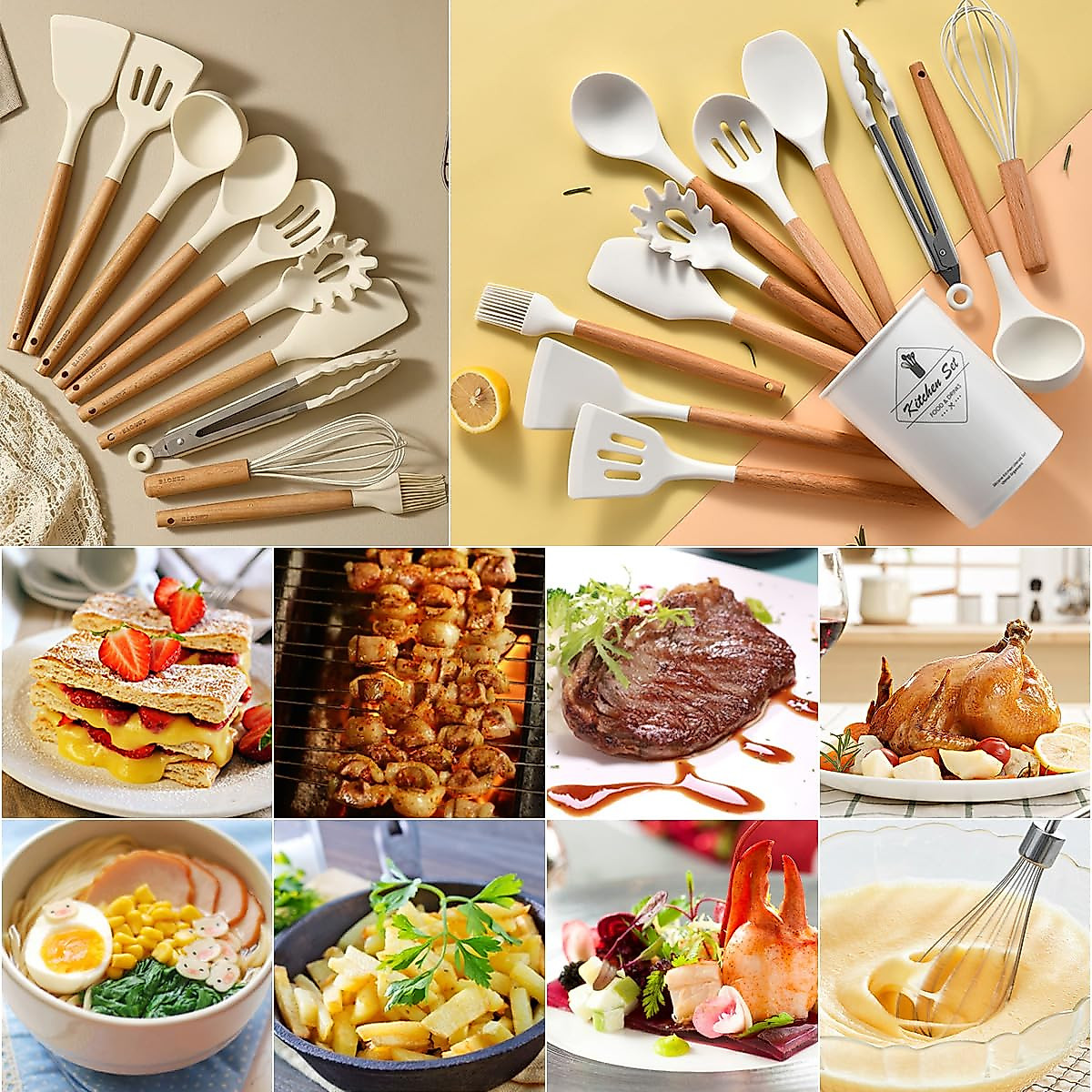 12 pcs Silicone Cooking Utensils Kitchen Utensil Set with Holder Heat Resistant Silicone Spatula Turner Set Wooden Spoons Kitchen Gadgets Tools Cooking Utensils for Nonstick Cookware (White)