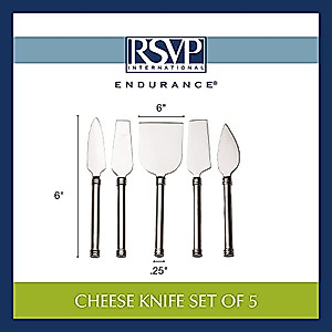 RSVP International Endurance® Stainless Steel Cheese Knives, Set of 5 | Five Different Blades | Cut & Serve Cheeses in Style | Great for Parties, Events, or Home Use | Dishwasher Safe