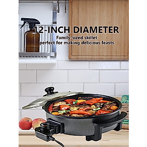 Nonstick Electric Skillet - Aluminum Coated Grill Pan & Glass Lid Cover (12-Inch)