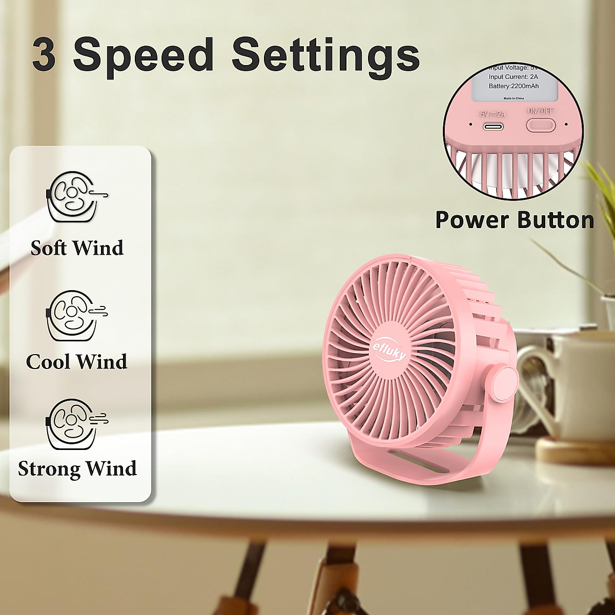 efluky USB Small Desk Fan, 3 Speeds USB Rechargeable Fan Built-in Battery, 360° Adjustment Portable Mini Fan Suitable for Home, Office and Travel, Pink