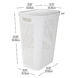 Mind Reader 60L Slim Laundry Hamper, Clothes Basket, Lid, Ventilated, Plastic, 17.25"L x 13.75"W x 23.5"H, White