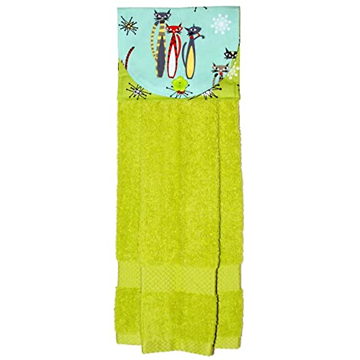 Hanging Hand Towel - Mod Cats On Aqua with Green Starburst Accent Fabric - Plush Green Kitchen Towel