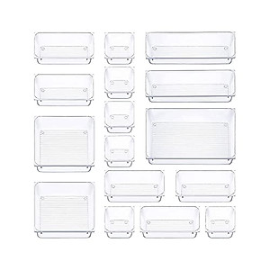 Modern-Depo 16 PCS Plastic Drawer Organizer Storage Bins Clear Drawer Dividers Trays for Makeup, Jewelry, Kitchen Untensils, Gadgets, Office, 5 Sizes