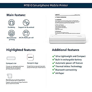HPRT Portable Printers Wireless for Travel, Bluetooth Printer, MT810 Compatible with Android iOS Phones & Laptops,Thermal Paper for Vehicles Home Use Business