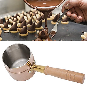 330ml Milk Pot Gold Stainless Steel Flat Bottom Butter Melting Pot with Wooden Handle, Mini Sauce Pan Coffee Warmer Pot for Chocolate Melting