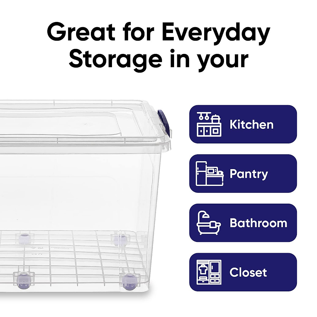 Superio 44 Qt Clear Plastic Storage Bin with Lid and Wheels, Non-Toxic, BPA Free, Odor Free, Organizer Storage Box, Stackable Plastic Tote for Home, Garage, Closet