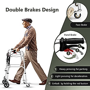 Goplus Walkers for Seniors, 4-in-1 Folding Walker with 5’’ Wheels, Detachable Seat, Height Adjustable Stand Up Walker, Medical Walking Mobility Aid, 350lbs Rolling Walker for Adult Bariatric Handicap