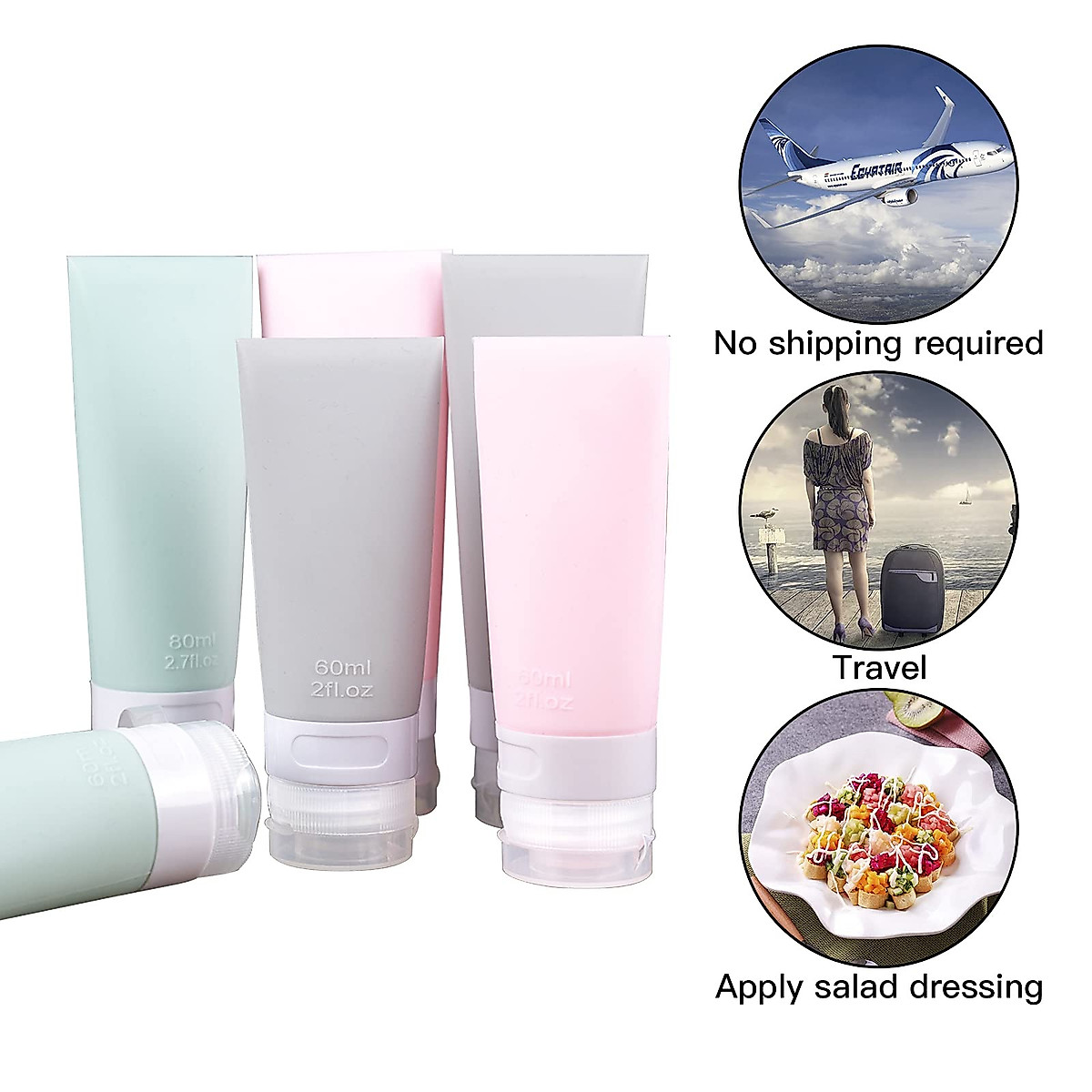 Portable Soft Silicone Travel bottles Set - 6 Pack Leakproof Silicone Travel Bottles,Cosmetic Toiletry Containers(Pink+Green+Grey)