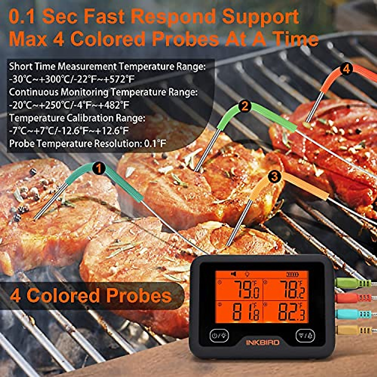 Inkbird Wi-Fi/Bluetooth Meat Thermometer IBBQ-4BW & Instant Read Thermometer IHT-1P, Digital Wireless WIFI Thermometer for Smoker Oven, Large LCD Backlight, Timer High/Low Alarm, 4 Probes Rechargeable