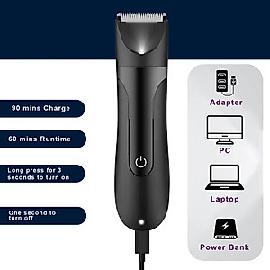 BESTBOMG Groin Hair Trimmer for Men, Ball Shaver, Electric Body Trimmer, Waterproof Wet/Dry Groomer, 90 Minutes Shaving After Fully Charged, Replaceable Ceramic Blade Heads