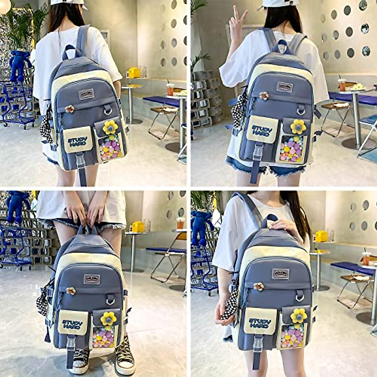 YGYCF Kawaii Backpack 5Pcs Set for Student with Cute Knot Accessories - School Bags for Teen Girls Back to School Supplies Essentials Aesthetic Bookbag, C Blue
