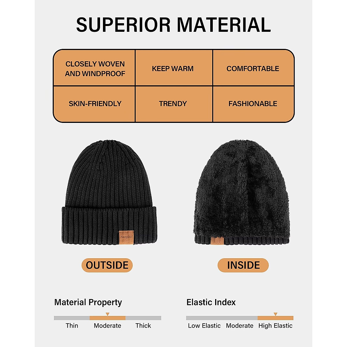 Nertpow Men's 3-Pack Thermal Fleece Lined Knit Beanie Hats for Winter