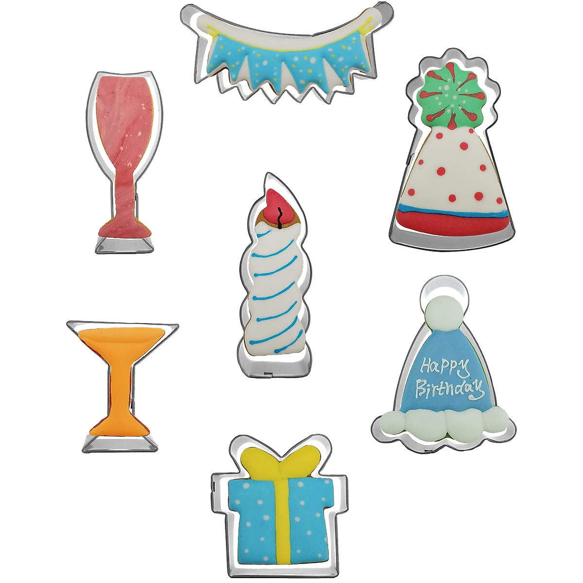 Birthday Party Series Cookie Cutters Set of 7 pcs, Stainless Steel Holiday Party Theme Cookie Cutters Fondant Baking Molds