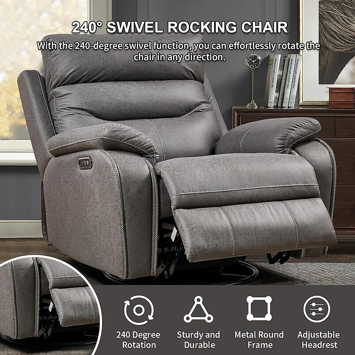 LAVHOME Electric Recliner Sofa,Dual OKIN Motor Rocking and 240 Degree Swivel Living Room, Nursery Glider Chair,with USB Port & Power Adjustable Headrest,Home Theater Seating, XL, Gray