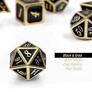 DNDND Metal Dice Set D&D, 7 die Metal Polyhedral Dice Set with Gift Metal Box and Gold Number for DND Dungeons and Dragons Role Playing Games (Black and Gold)
