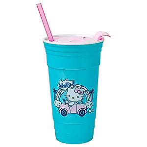 Silver Buffalo Hello Kitty Rainbow Car Plastic Tumbler with Lid and Straw, 32 Ounces