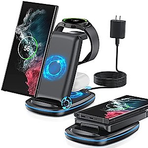 Wireless Charger 3 in 1, Foldable Fast Charging Station Compatible with Samsung Galaxy Watch 5 Pro/5/4/3/Active, S23 S23+ S22 S22+ S21 S20 Ultra FE/Note 20 10 9/ Z Flip Fold 4 3 2, Buds/2/Pro/Live
