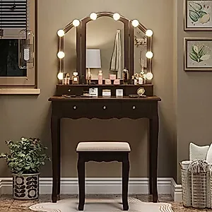 Tiptiper Vanity Desk, Makeup Vanity Set with Lighted Mirror and Stool, Dressing Table with 5 Drawers, 3 Light Settings & Adjustable Brightness, Espresso