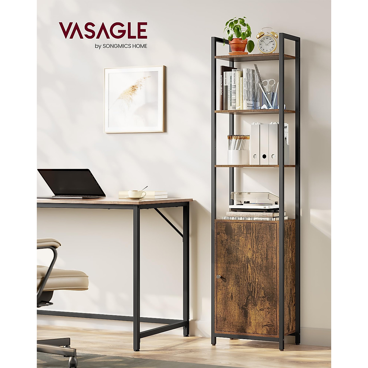 VASAGLE 6-Tier Bookshelf, Tall Bookcase with Door, Steel Frame, Adjustable Shelves, 9.4 x 15.7 x 62.8 Inches, Living Room Bedroom, Rustic Brown and Ink Black ULLS132K01