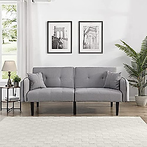 MWrouqfur 76" Convertible Folding Futon Sofa Bed with Bluetooth Speaker,Modern Linen Fabric Upholstered Sleeper Couch Bed,Recliner Loveseat with Armrest and 2 Pillows for Living Room,Bedroom,Office