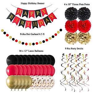 ANSOMO Red Black and Gold Happy Birthday Party Decorations Banner Swirls Balloons for Men Women Boys Girls Him Her