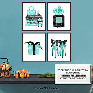 Blue Glam Wall Art - Designer Perfume, Shoes, Handbags - High Fashion Design Gift for Fashionista - Luxury Couture Wall Decor Poster Print Picture Set for Women, Girls Bedroom, Teens Room