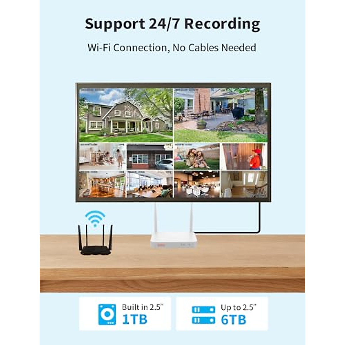 [Dual WiFi, PIR Sensor] Tonton 2K Wireless Security Camera System, 10CH NVR with 1TB HDD, 6PCS 3MP Outdoor Home WiFi Cameras,2 Way Audio, Spotlight, 12V DC Powered, AI Human Detection,Work with Alexa