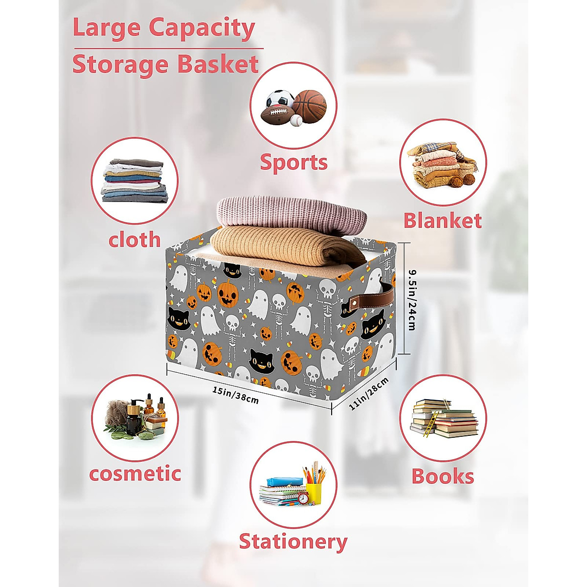 Halloween Grey Cube Storage Organizer Bins with Handles,15x11x9.5 Inch Collapsible Canvas Cloth Fabric Storage Basket,Books Kids' Bin Boxes for Shelves,Closet Spooky Pumpkin Ghost Skull Horror 1 Pack