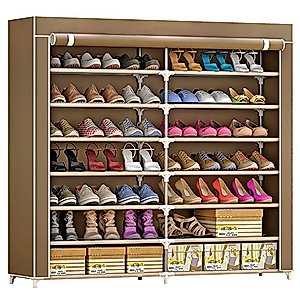 IBEQUEM Double Row 7-Tier Shoe Rack, Stackable Non Woven Cover Shoe Storage Cabinet, Metal Shoe Tower Cabinet Holds 28 Pair, Portable Shoe Shelf for Closet, Balcony, Bedroom Entryway (Coffee)