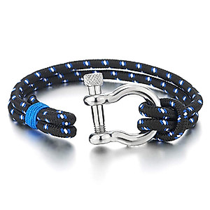 COOLSTEELANDBEYOND Mens Womens Steel Screw Anchor Shackles Nautical Blue White Sailor Rope Cord Wrap Bracelet Wristband