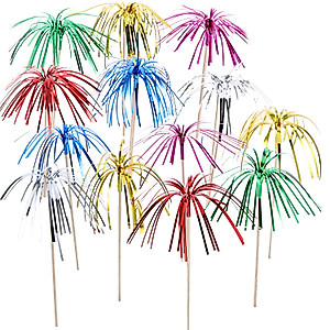Tecunite 100 Pieces Firework Cupcake Toppers Foil Frill Toothpicks Holiday Cake Decorations 9 Inch Food Picks for Graduation Halloween Party Favors Supplies, Multicolored