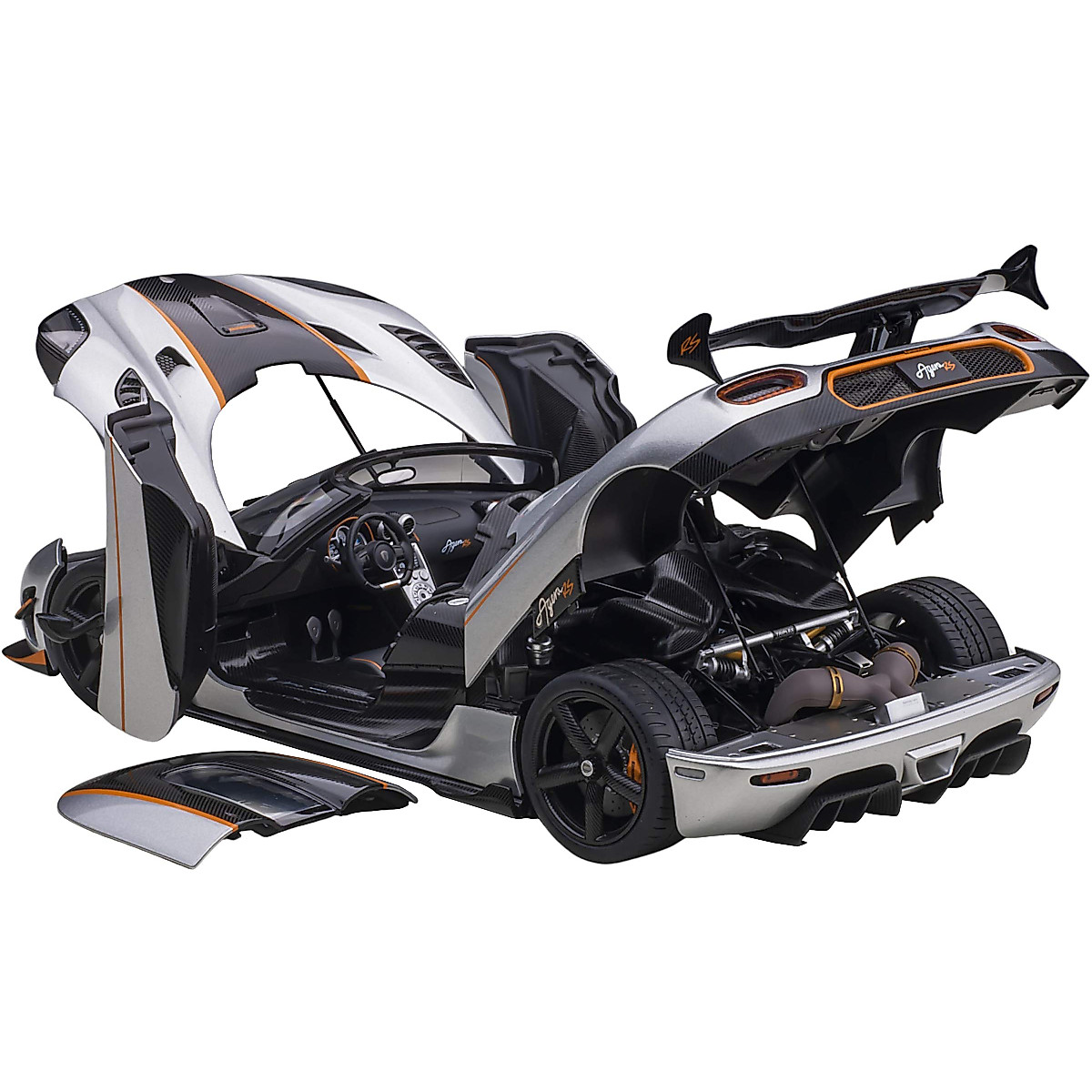 Auto Art Models Koenigsegg Agera RS Moon Silver with Carbon and Orange Accents 1/18 Model Car by Autoart 79024