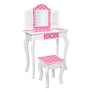 Kcelarec Kids Vanity Table and Chair Set with Mirror, Makeup Dressing Table with Drawer,Wooden Princess Makeup Table with Stool (Pink Dots)