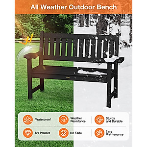 YEFU Outdoor Bench, 2-Person Garden Benches, All Weather HIPS Patio Seating Bench with 2 Cup Holders, Patio Park Bench for Patio, Front Porch, Outdoors, Backyard, and Park, Load up to 800 Lbs, Black