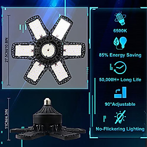FBIRUNYI 2 Pack LED Garage Lights, Deformable LED Garage Ceiling Lights with 6+1 Multi-Position, 6500K E26/E27 LED Shop Lights for Garage/Workshop, Basement, Barn, High Bay Light
