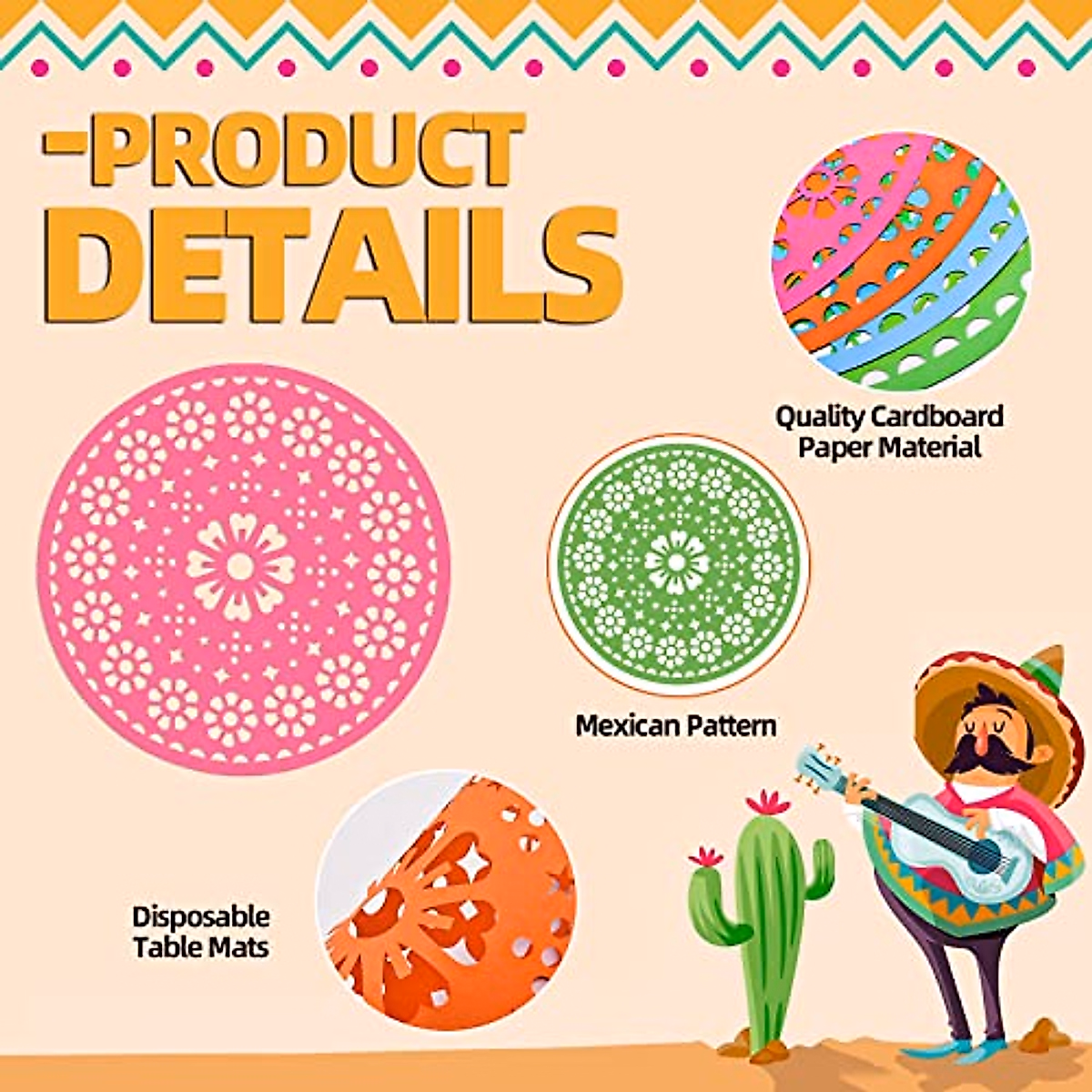 32 Pieces Fiesta Paper Place Mats 14" Mexican Papel Picado Cinco De Mayo Disposable Placemat Round Paper Doilies Cutouts for Mexican Party Supplies Tableware Decoration