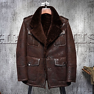 Men Shearling Jacket Military Style American Pilot's Leather Clothing Red Brown Aviator B3 Sheepskin Jacket (M, Brown)
