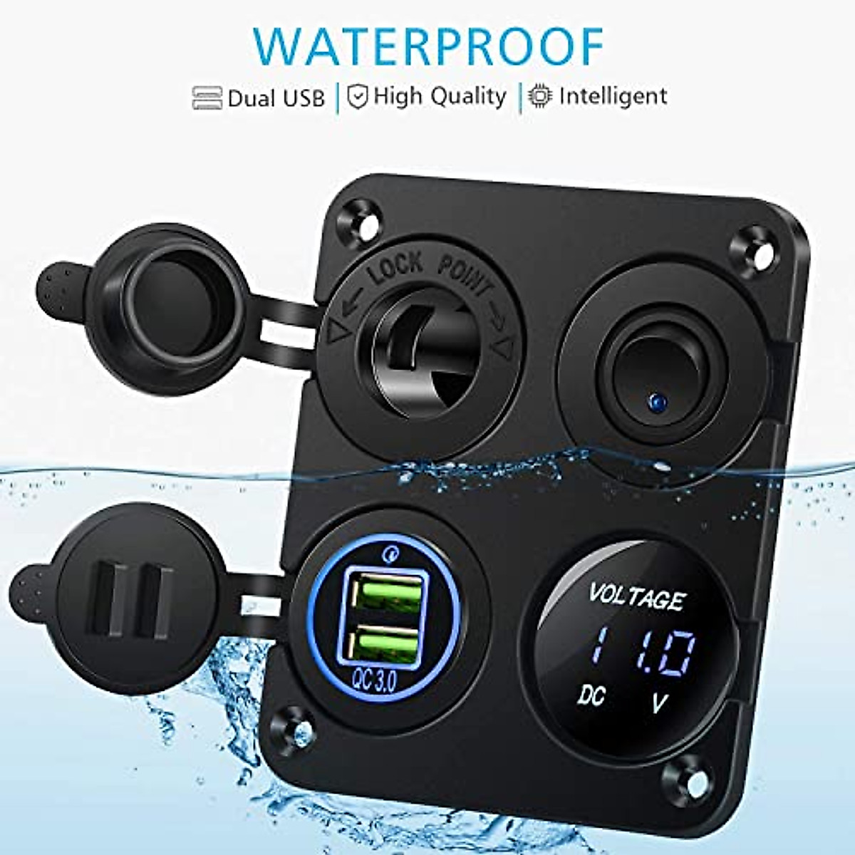 Kohree 12V Marine Car Charger Socket Panel, 4 in 1 Waterproof Boat Cell Phone Rocker Switch Panel with Dual QC3.0 USB Power Outlet Cigarette Lighter Socket for RV Marine Boat Camper Truck Automotive