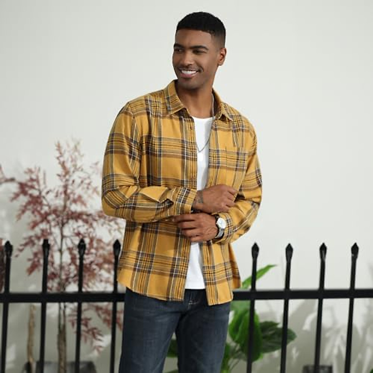 Mens Plaid Flannel Shirts Casual Long Sleeve Button Down Shirts Vintage Tops with Pocket Yellow M