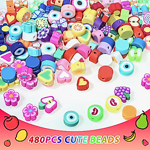 480 Pcs Fruit Flower Polymer Clay Beads, 24 Styles Trendy Cute Smiley Bead Charms for Bracelets Jewelry Necklace Earring Making with Elastic String