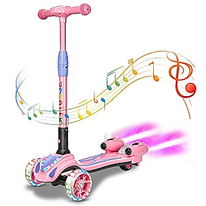 3 Wheel Scooter for Kids, Toddler Scooter with Bluetooth Music Speaker Steam Sprayer LED Lights Aluminum Alloy T-Bar, Folding 3 Wheel Scooter for Boys Girls Ages 3-10 (Pink)